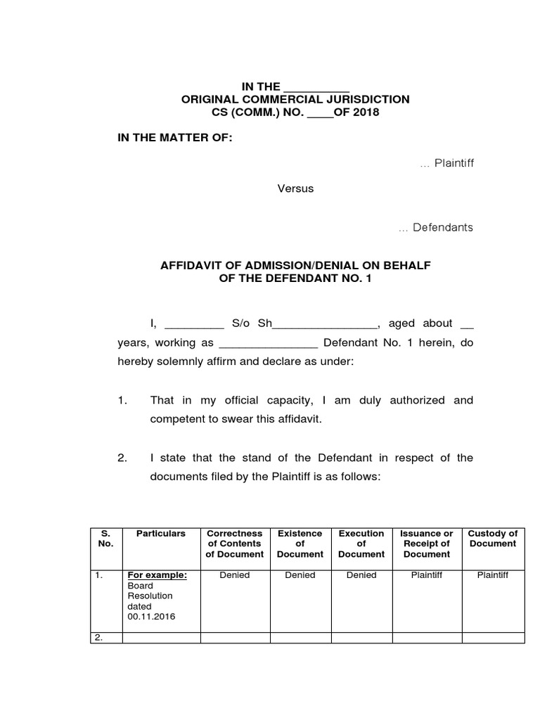 Template - Affidavit For Admission and Denial of Documents | PDF