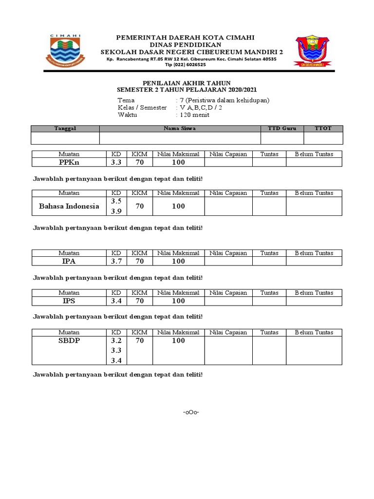 Master Soal Penilaian Akhir Tahun SD | PDF