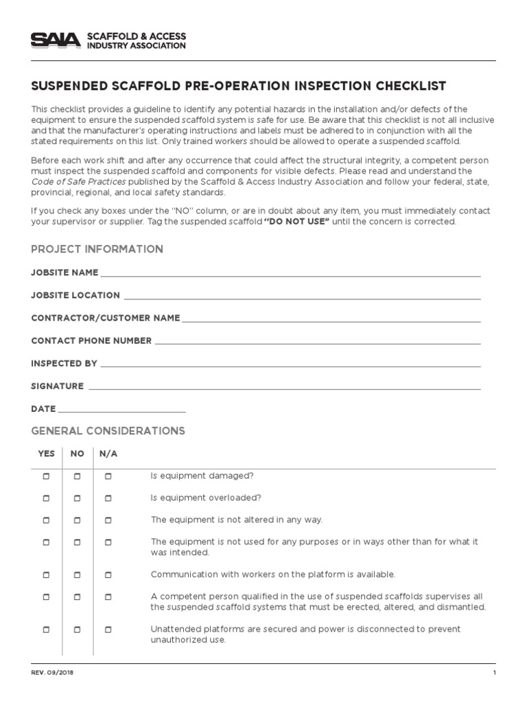 Suspended Scaffold Inspection Checklist | PDF | Scaffolding ...
