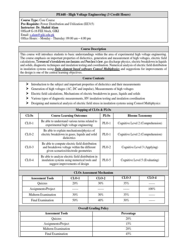 PE448-course Outlines - SAlam - Fall 2019 | PDF | Electrical Breakdown | Electrical Engineering