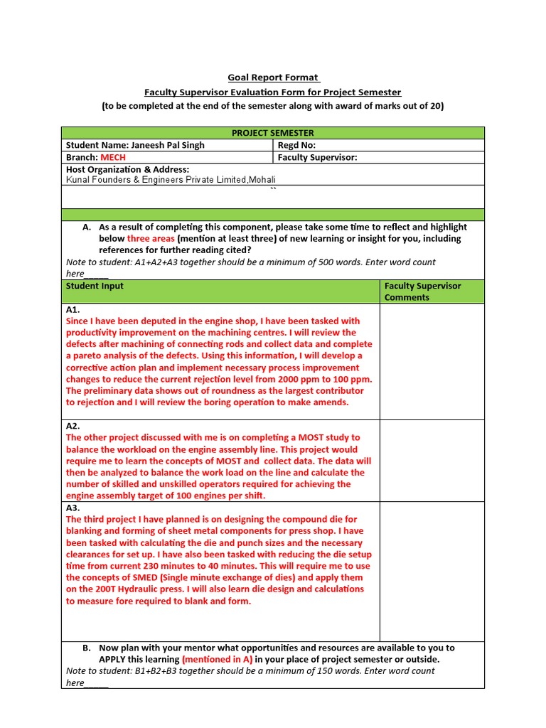 Project Semester Goal Report Template | PDF | Learning | Cognition