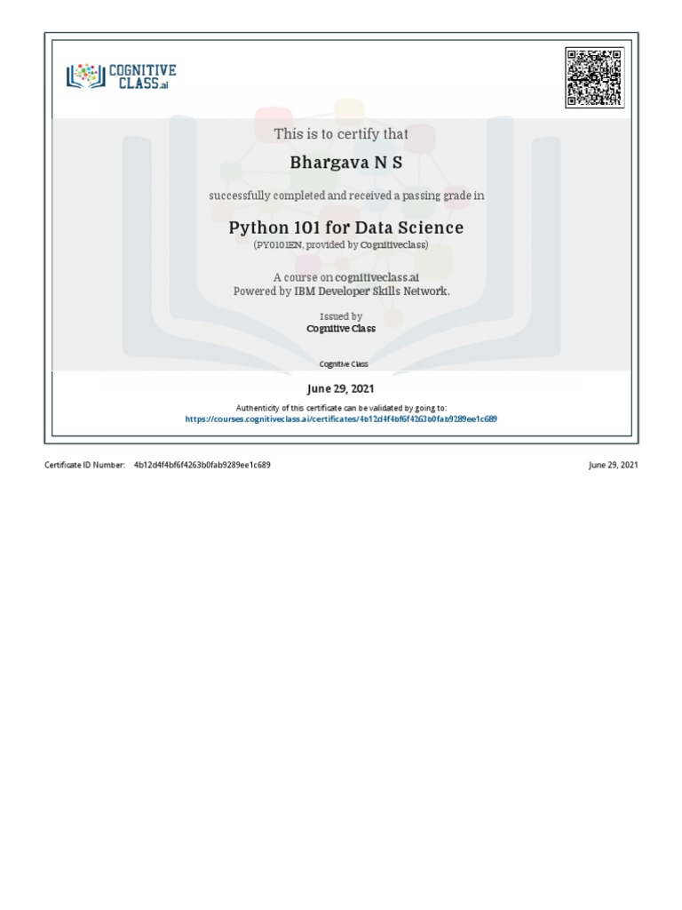 Cognitiveclass PY0101EN Certificate - Cognitive Class | PDF