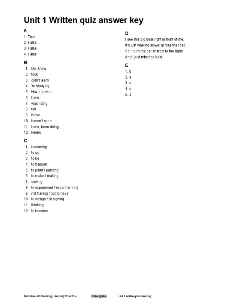 Unit 1 Written Quiz Answer Key | PDF
