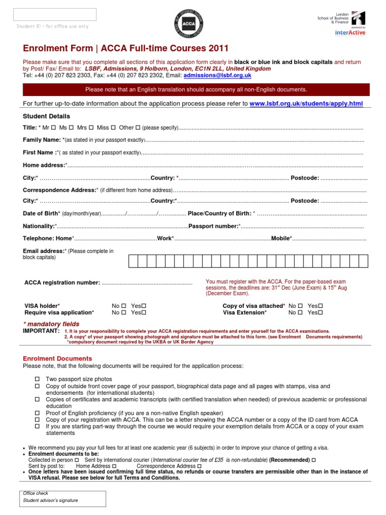 Enrolment Form - ACCA Full-Time Courses 2011 | PDF | Travel Visa | Banks