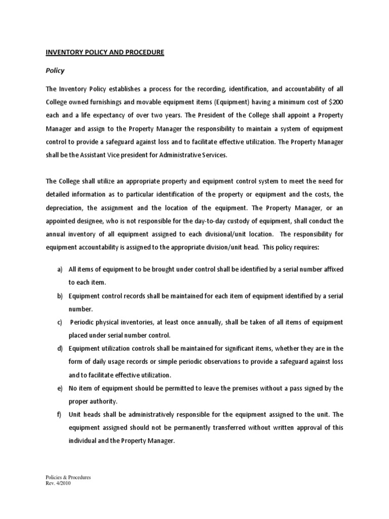 Inventory Policy and Procedure | PDF | Inventory | Business