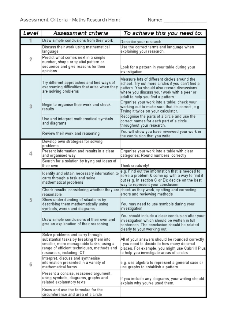 Maths Research HW Assessment Criteria | PDF | Reason | Teaching Mathematics
