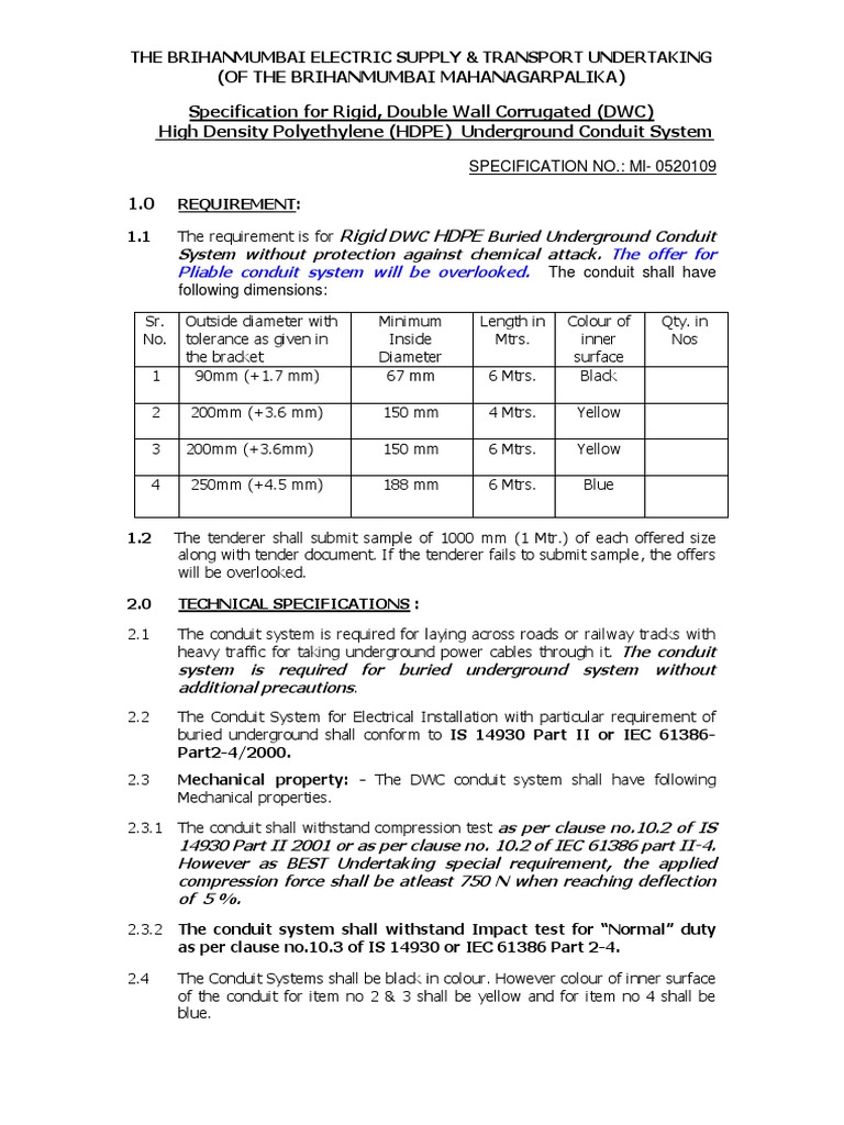 Specification No. 0520109 of DWC Pipe | PDF | Pipe (Fluid Conveyance ...