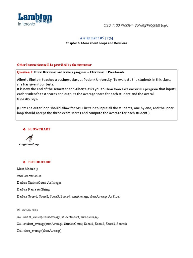 Assignment #5 (2%) : CSD 1133 Problem Solving/Program Logic | PDF | Control Flow | Software ...