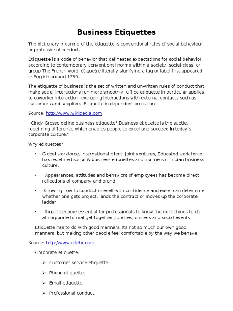 Business Etiquettes: Etiquette Is A Code of Behavior That Delineates ...