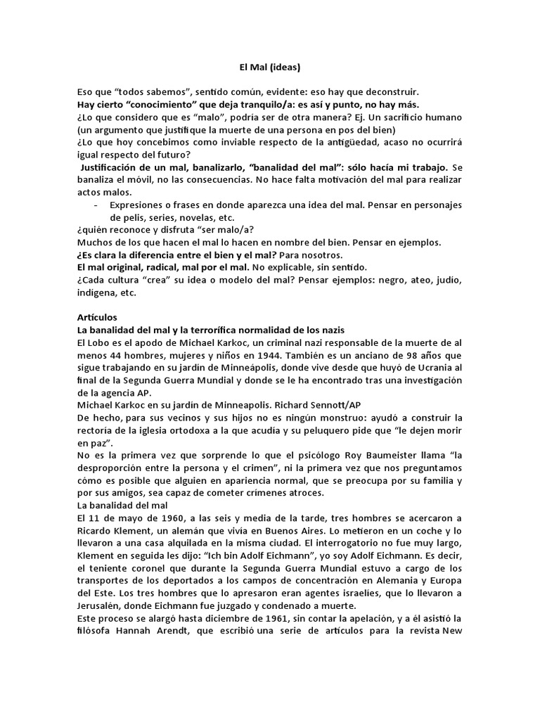 El Mal | PDF | Hannah Arendt | Filosofía