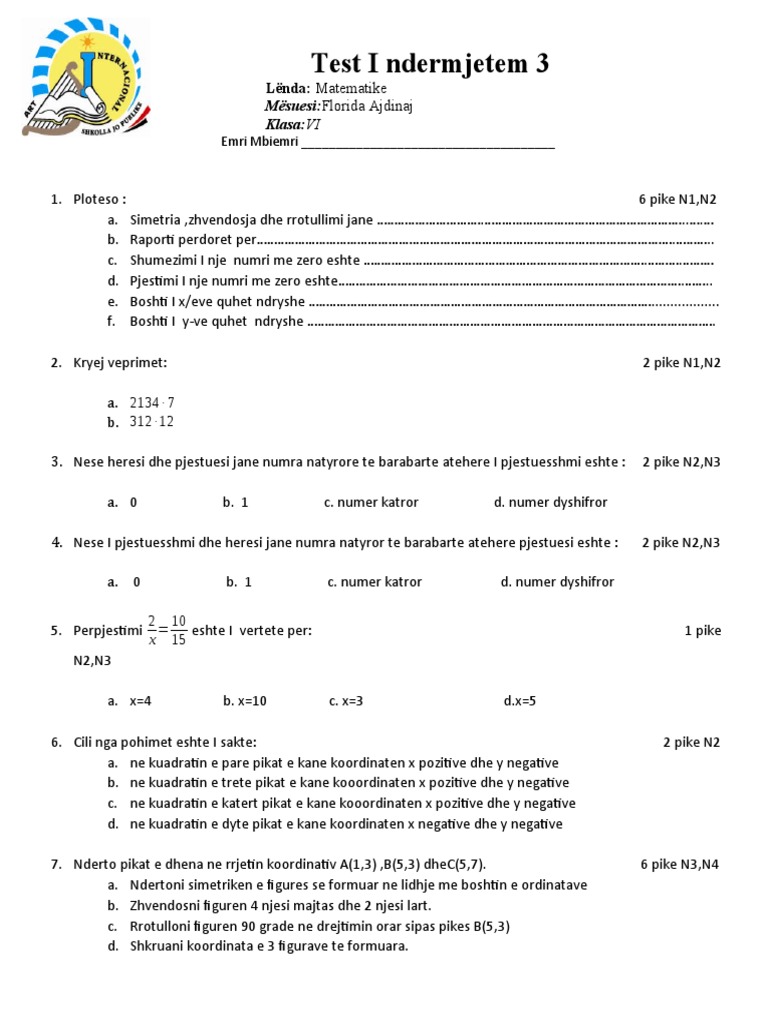 Test Klasa 6 I Ndermjetem 3 | PDF
