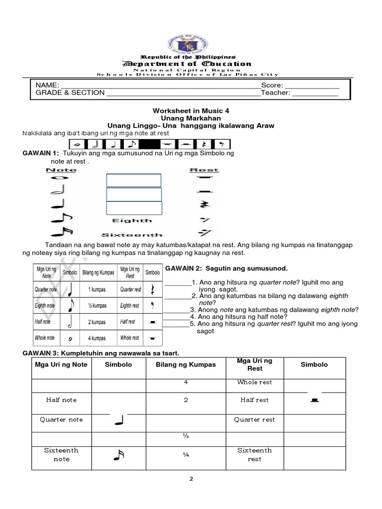 WORKSHEETS IN MUSIC 4 1st Quarter | PDF