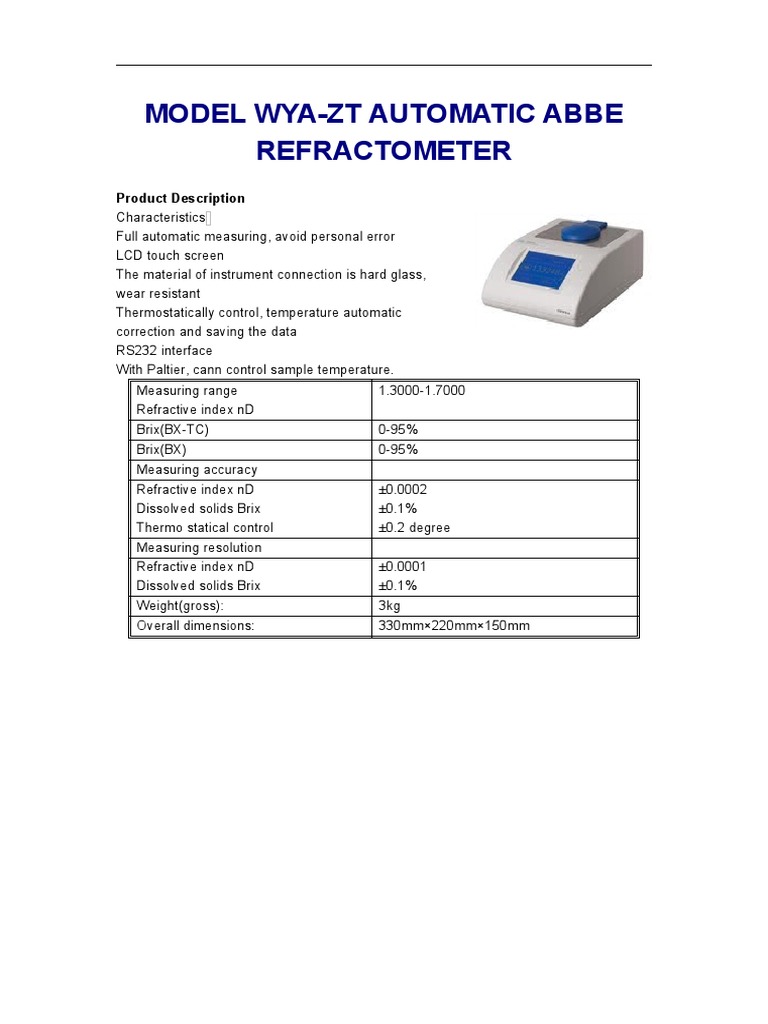 Model Wya-Zt Automatic Abbe Refractometer: Product Description | PDF