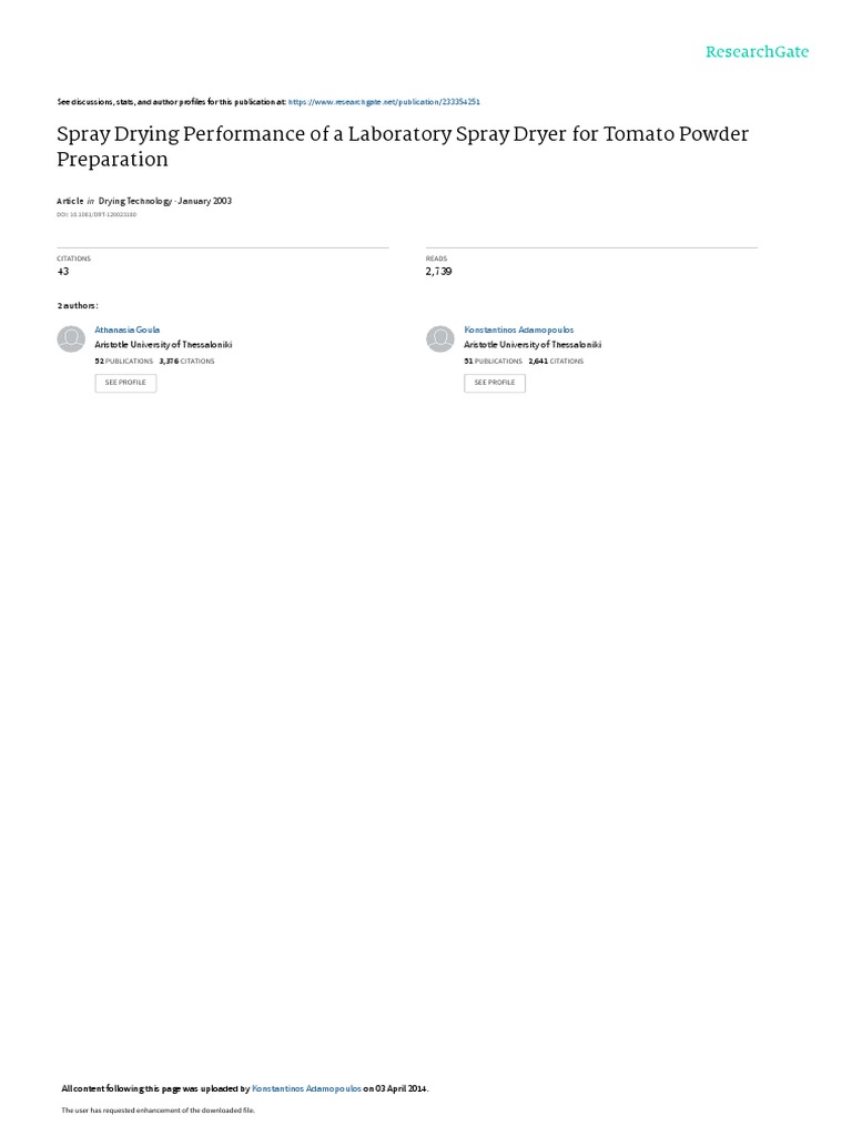 Spray Drying Performance of A Laboratory Spray Dry | PDF