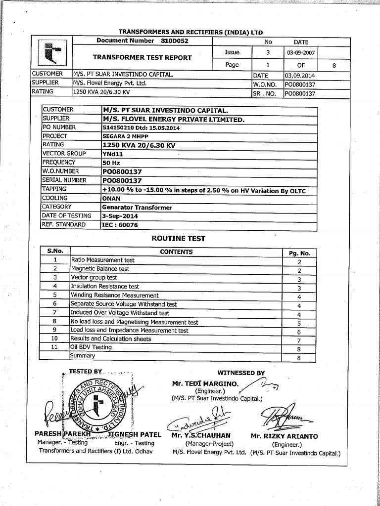 Test Report Power Transformer | PDF