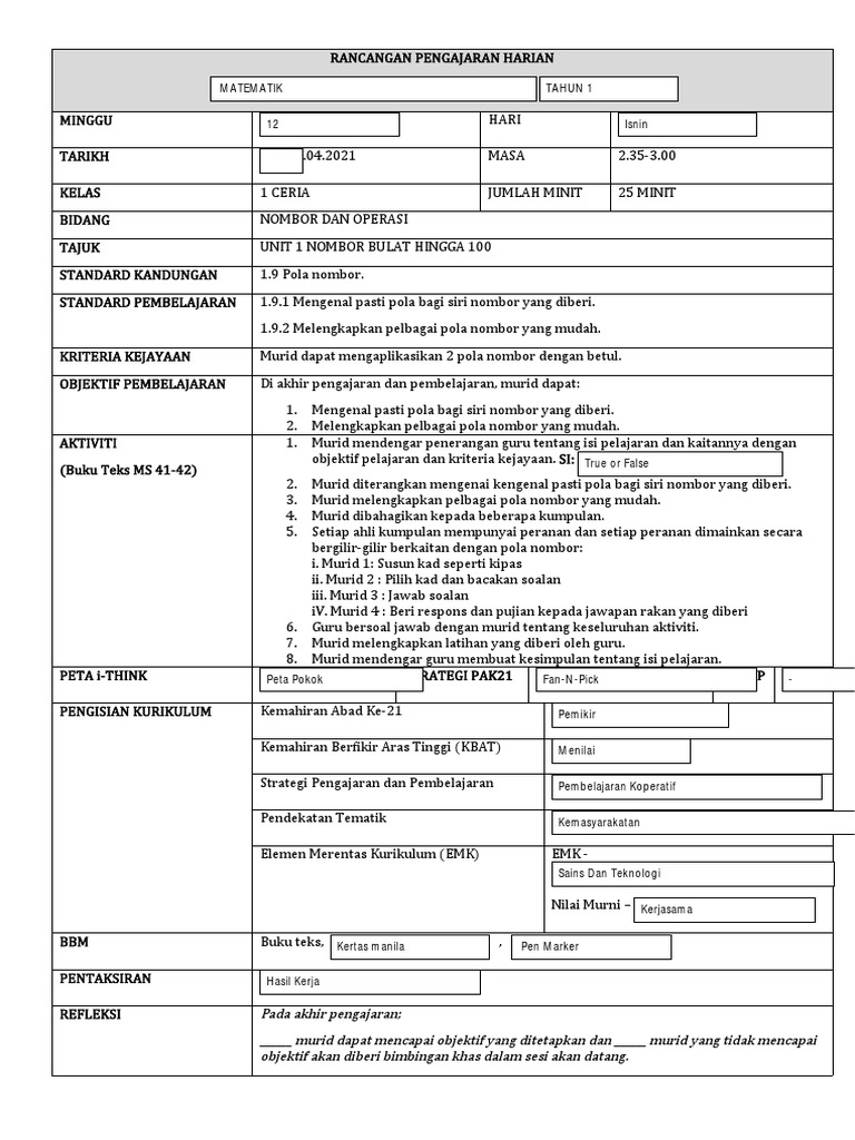 RPH Math Tahun 1 Week 12 | PDF