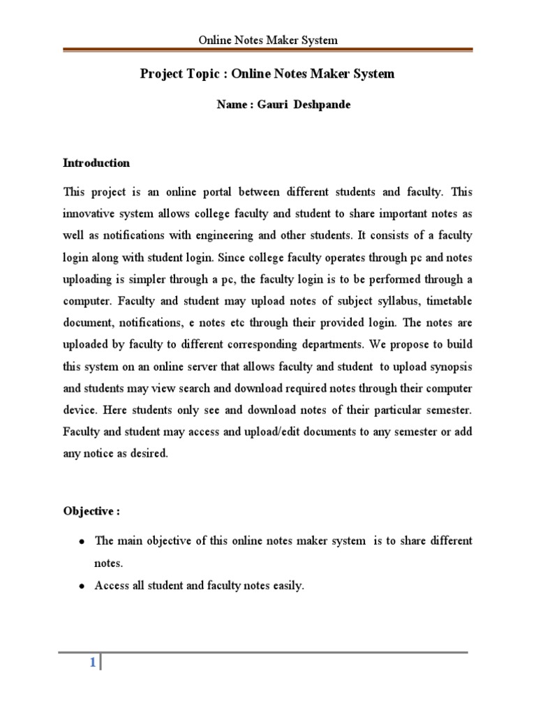 Project Topic: Online Notes Maker System: Name: Gauri Deshpande | PDF ...