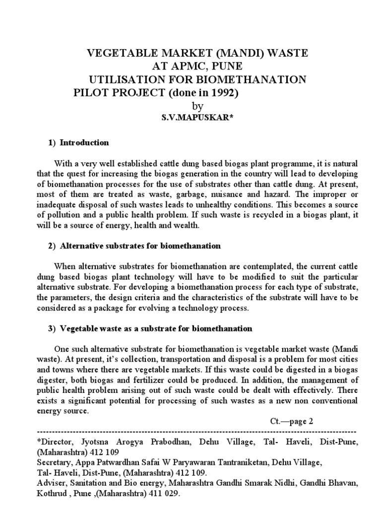 VEGETABLE MARKET Waste, APMC (BIOMETHANATION) | PDF | Anaerobic ...