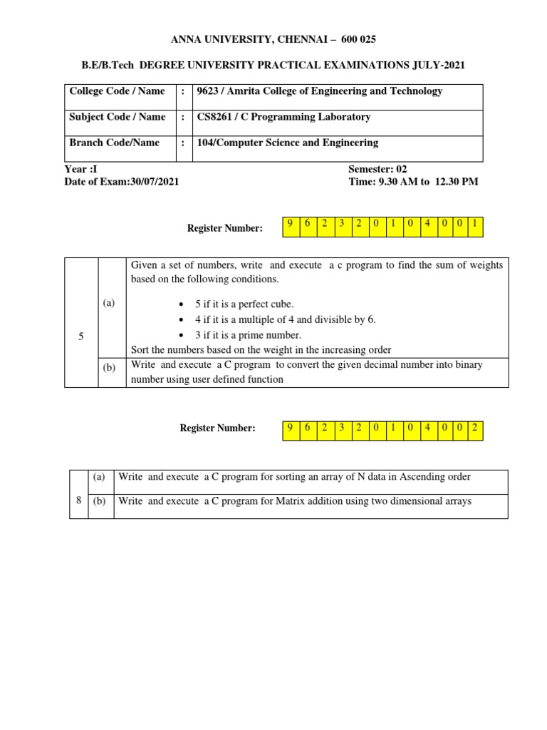 CS8261-C Programming Lab - Questions - July 2021-Batch1 | PDF | Numbers | Matrix (Mathematics)