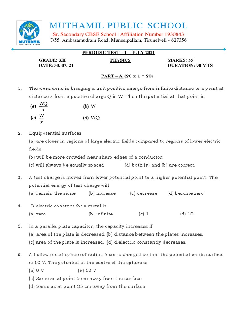 Physics Periodic Test XII - July 2021 | PDF | Electrical Engineering ...