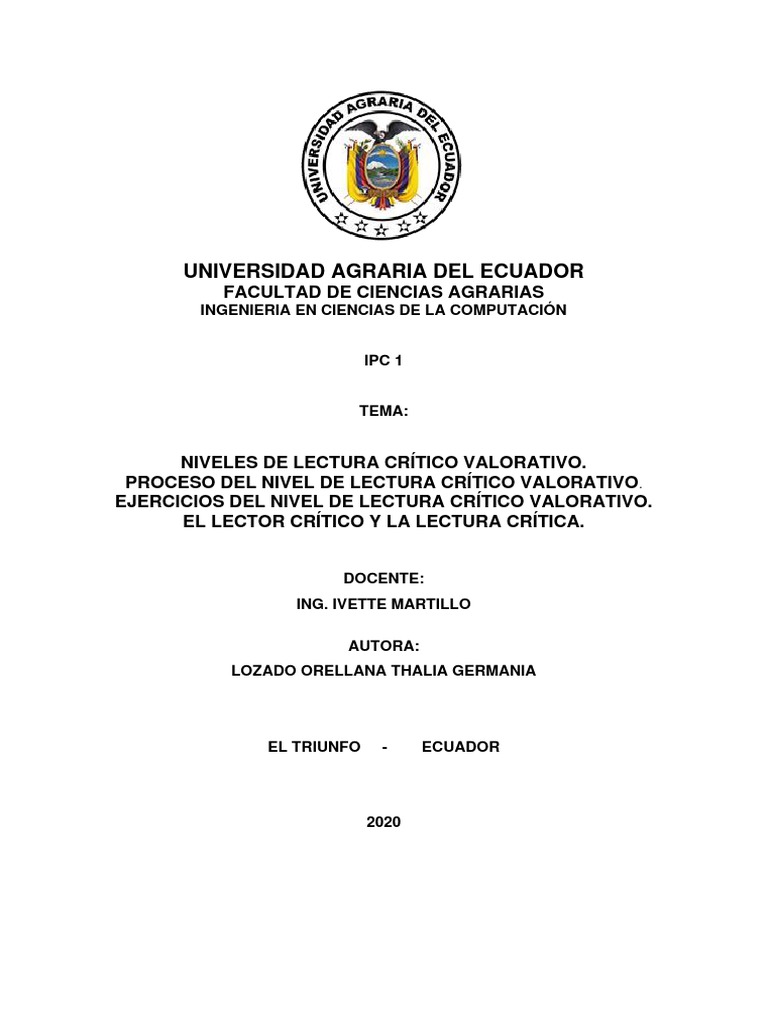 Niveles de Lectura Crítico Valorativa | PDF | Comprensión lectora ...