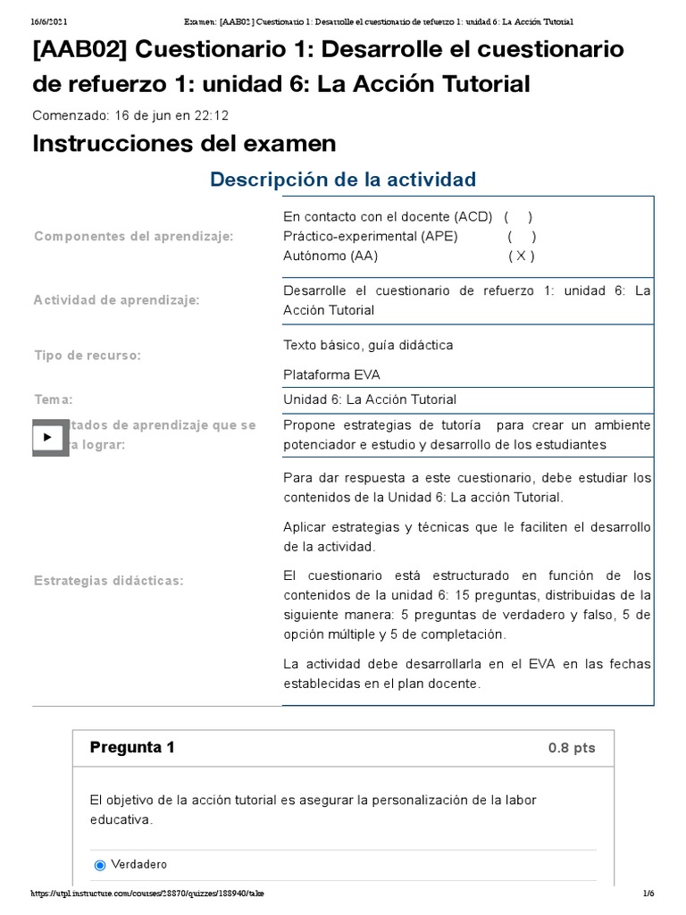 Examen_ [AAB02] Cuestionario 1_ Desarro...fuerzo 1_ unidad 6_ La Acción Tutorial | PDF ...