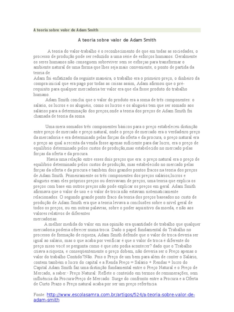 Teoria do Valor de Adam Smith | PDF | Preços | Oferta e procura