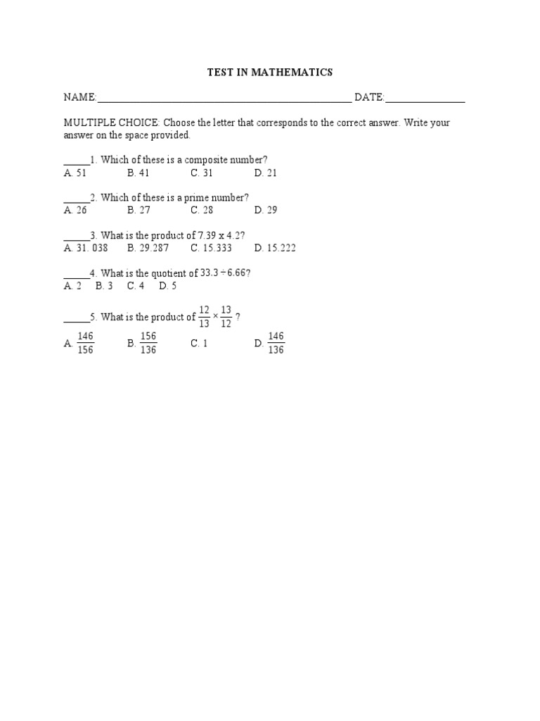 Practice Test in Math Part 2 | PDF