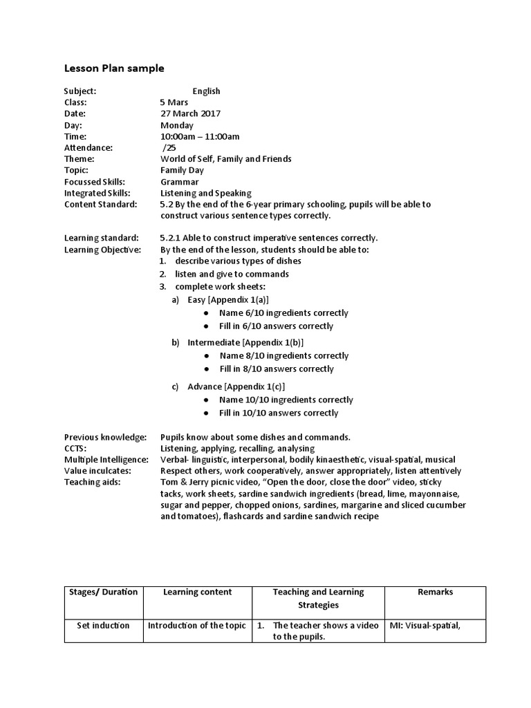 Example of Lesson Plan For Noun | PDF | Worksheet | Lesson Plan
