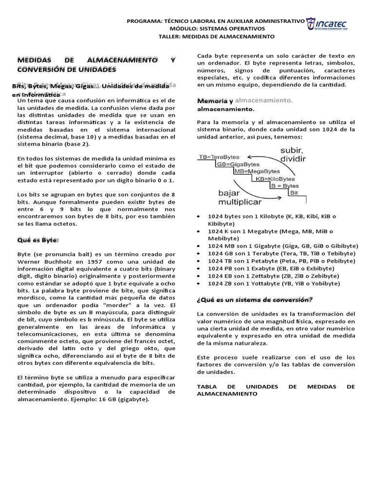 Taller Medidas de Almacenamiento | PDF | Byte | Poco