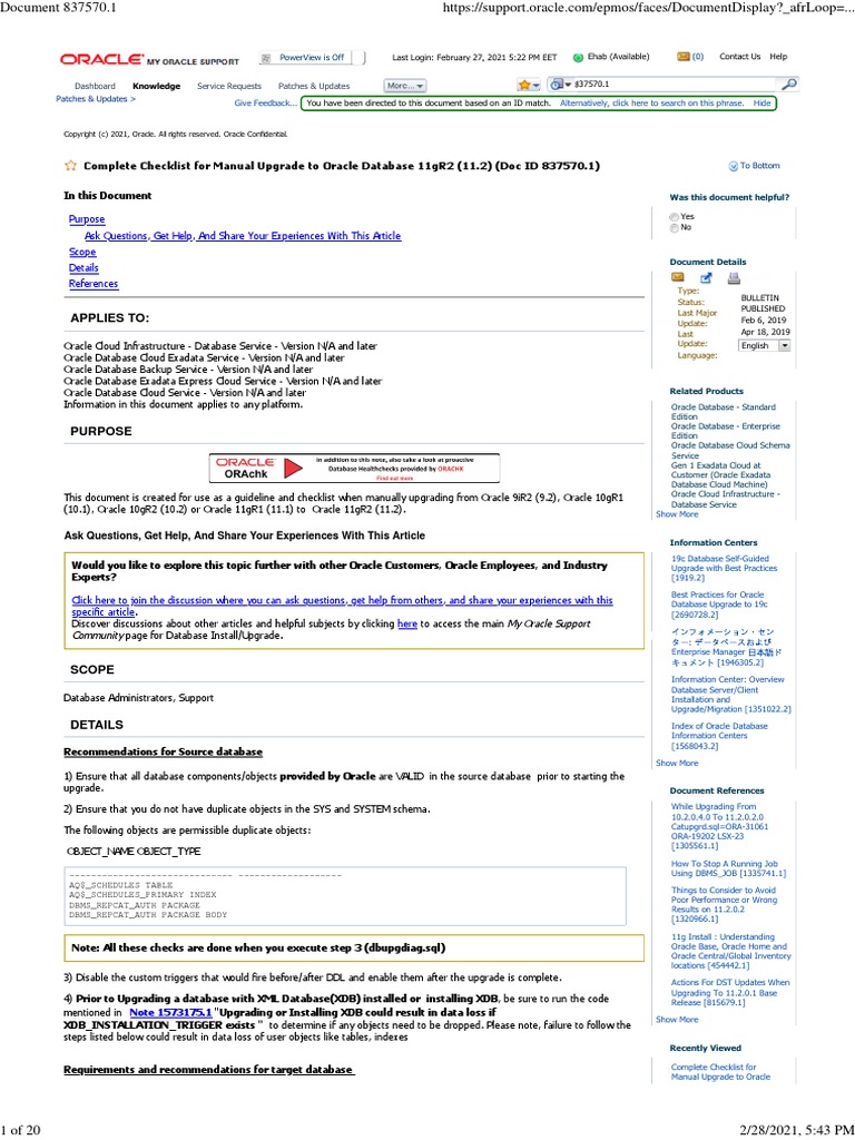 Complete Checklist For Manual Upgrade To Oracle Database 11gR2 (11.2) (Doc ID 837570.1) | PDF ...