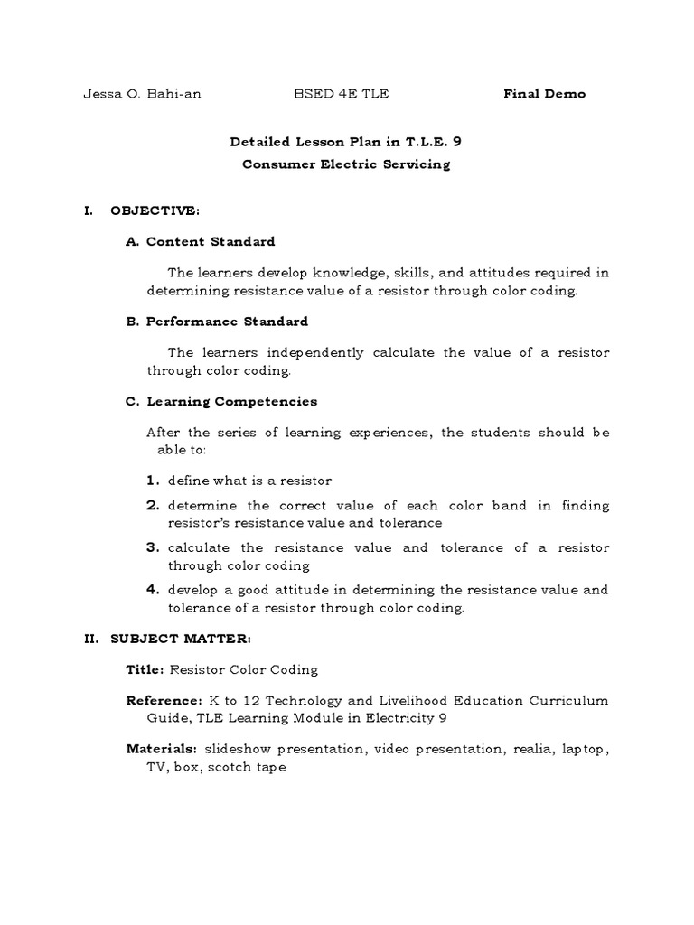 Detailed Lesson Plan Resistor Color Coding PDF Resistor
