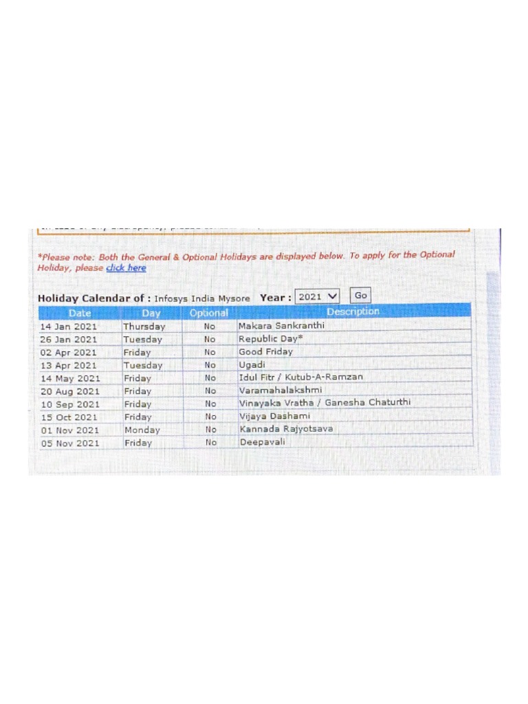 Infosys Holiday List 2021 | PDF