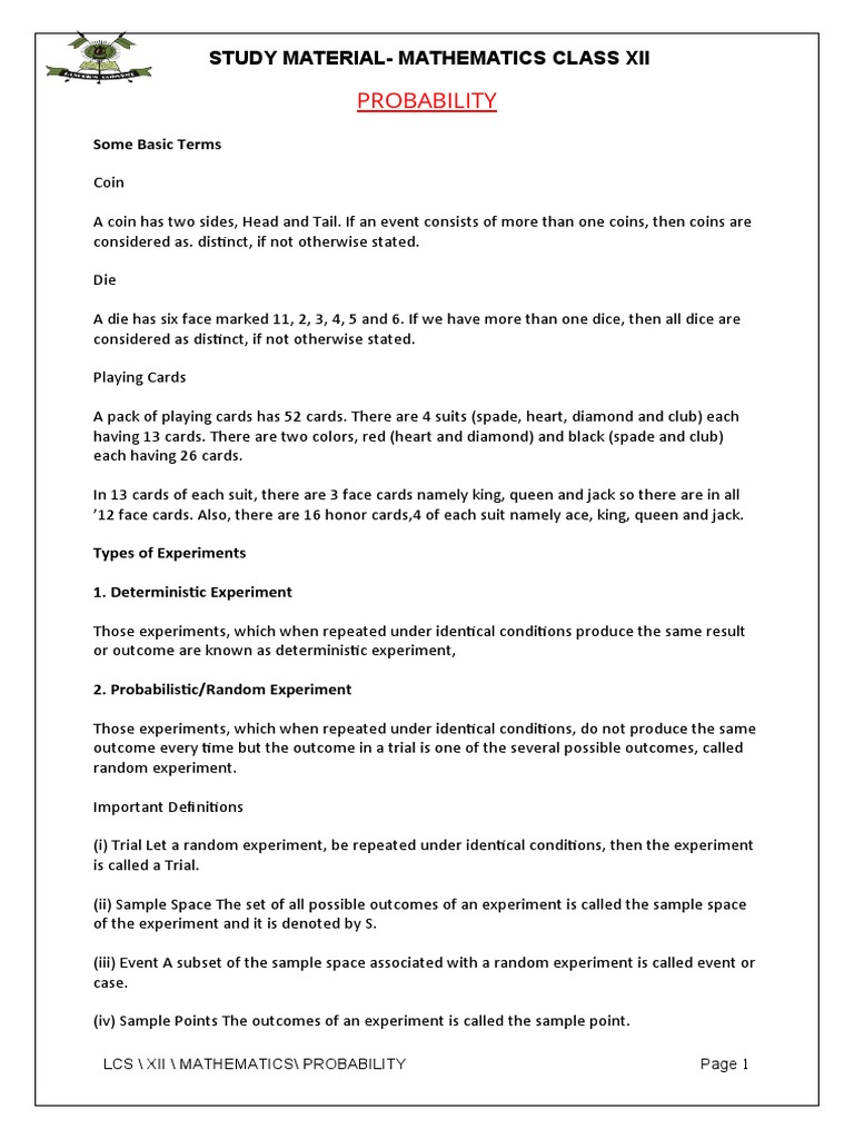 Study Material XII-maths - PROBABLITY | PDF | Probability Theory | Probability