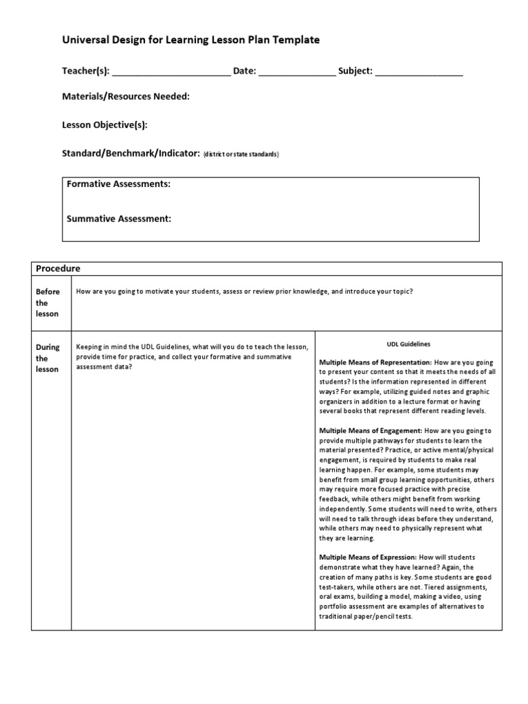 UDL Lesson Plan Template | PDF | Educational Assessment | Lesson Plan
