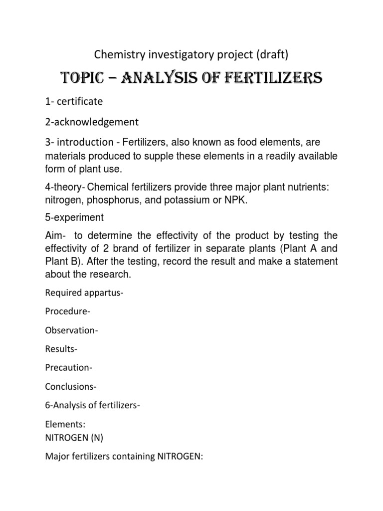Topic - Analysis of Fertilizers: Chemistry Investigatory Project (Draft ...