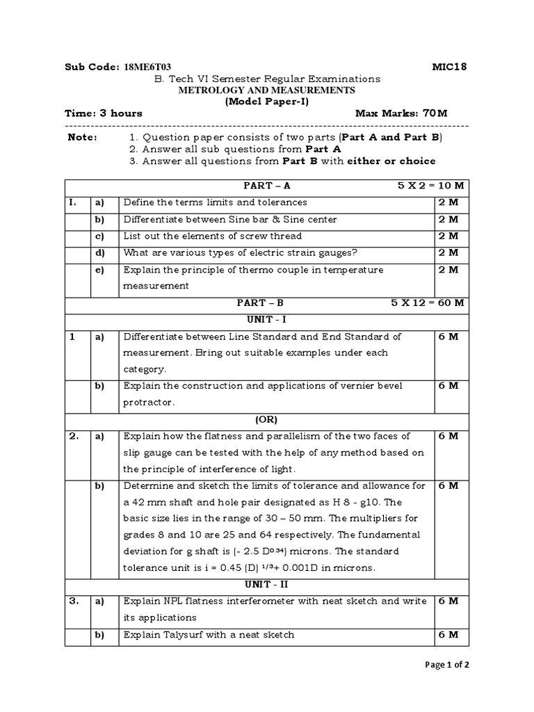 MIC18 B.tech Model Paper-1 | PDF | Engineering Tolerance | Tools