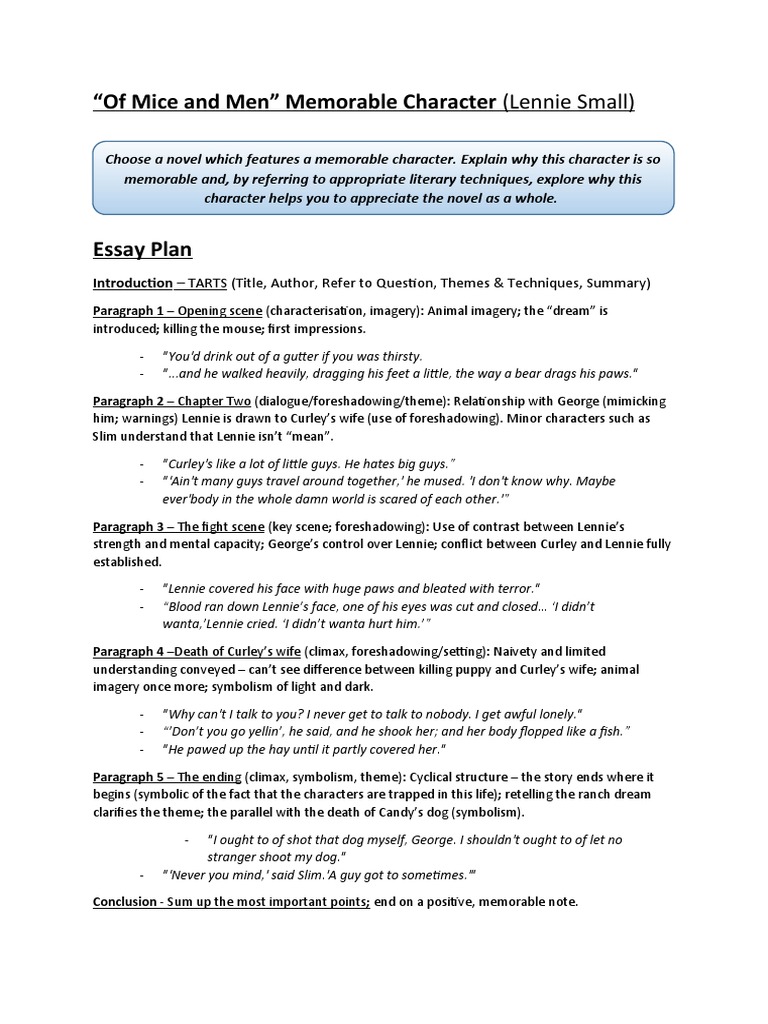 Of Mice and Men - Memorable Character (Lennie Small) | PDF