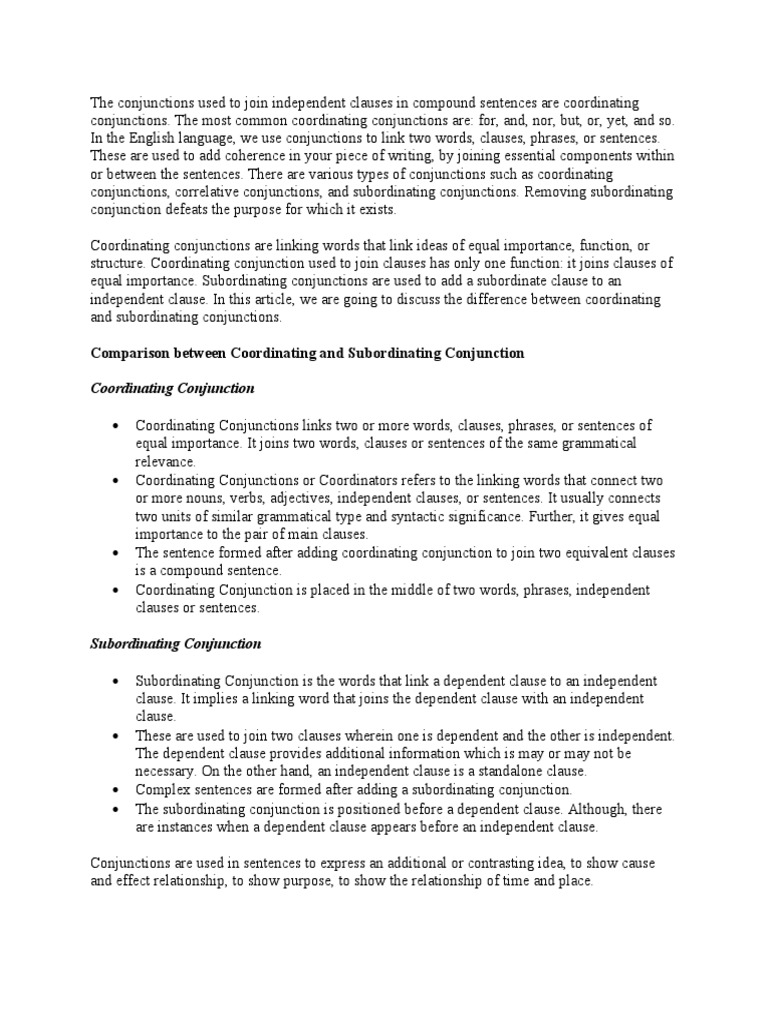 Comparison Between Coordinating and Subordinating Conjunction | PDF ...