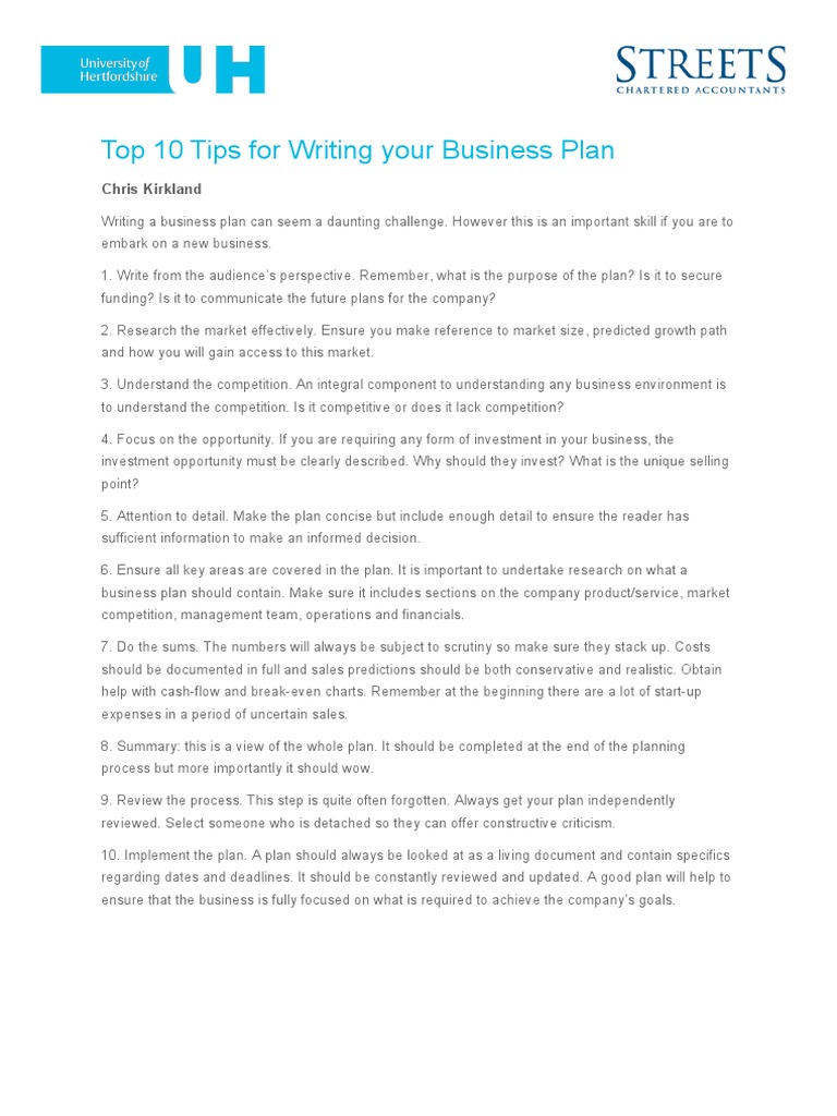 Top 10 Tips For Writing Your Business Plan | PDF