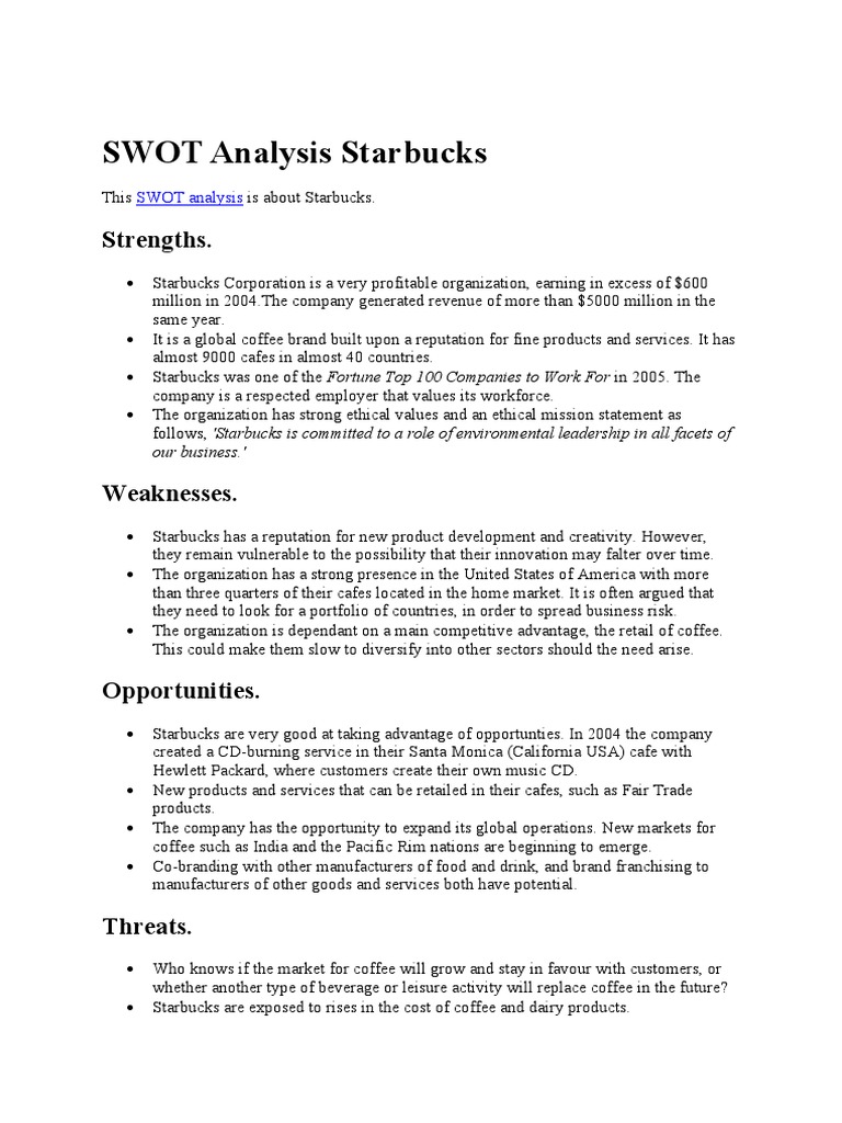 SWOT Analysis Starbucks: Strengths | PDF | Business | Starbucks