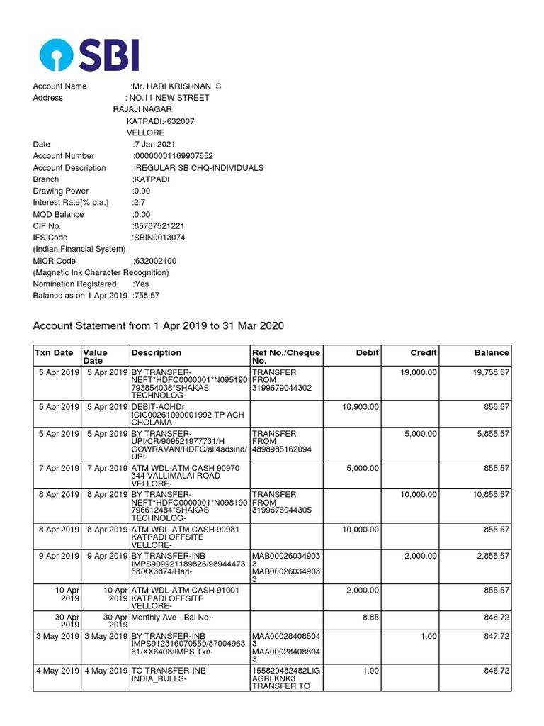 Account Statement From 1 Apr 2019 To 31 Mar 2020 Txn Date Value Date Description Ref No Cheque