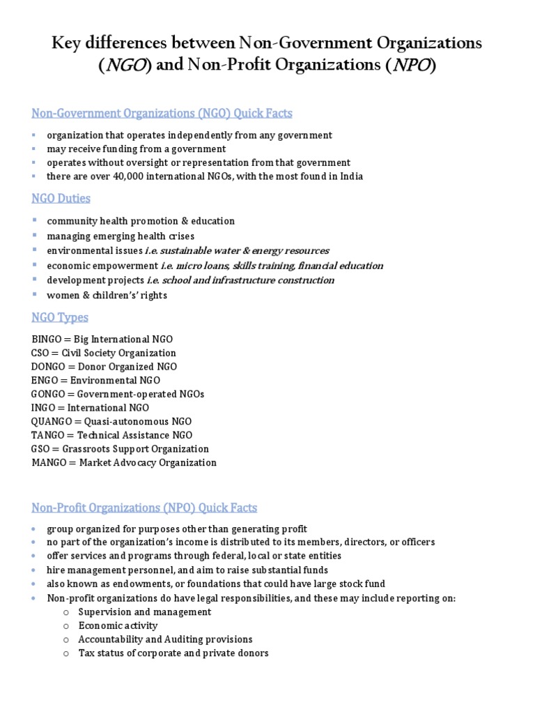 NGO vs NPO: Key Differences Explained | PDF | Non Governmental ...