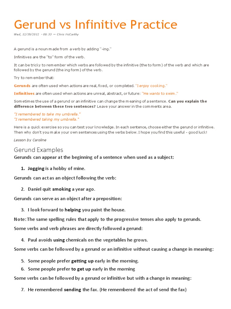 Gerund and Infinitive Tips | PDF | Verb | Noun