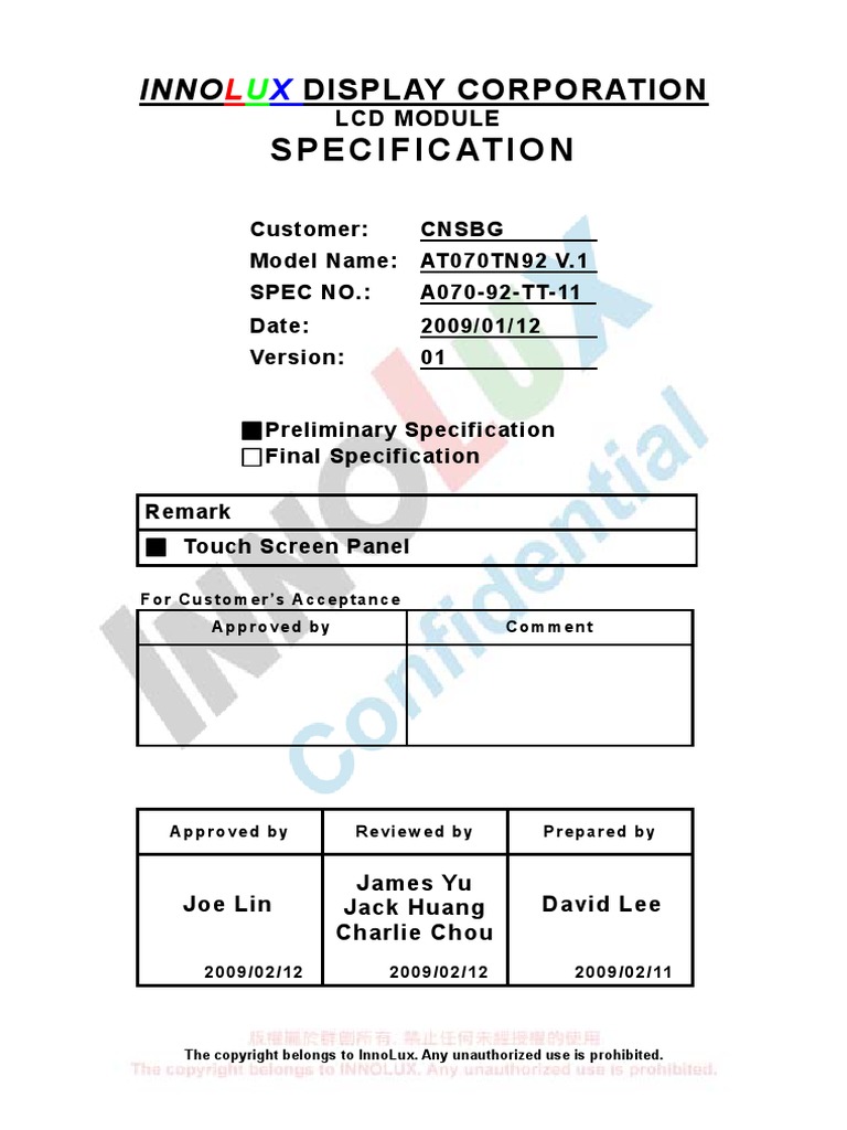 AT070TN92 V.1-Datasheetmn | PDF | Liquid Crystal Display | Backlight