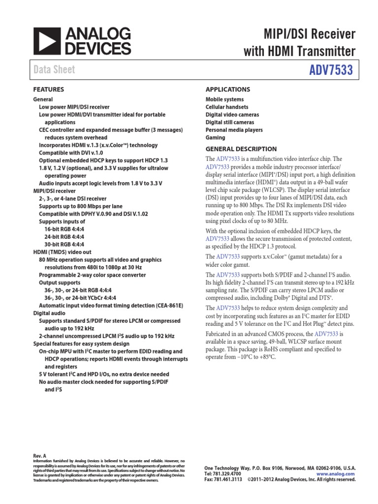 MIPI/DSI Receiver With HDMI Transmitter: Data Sheet | PDF | Hdmi | Video