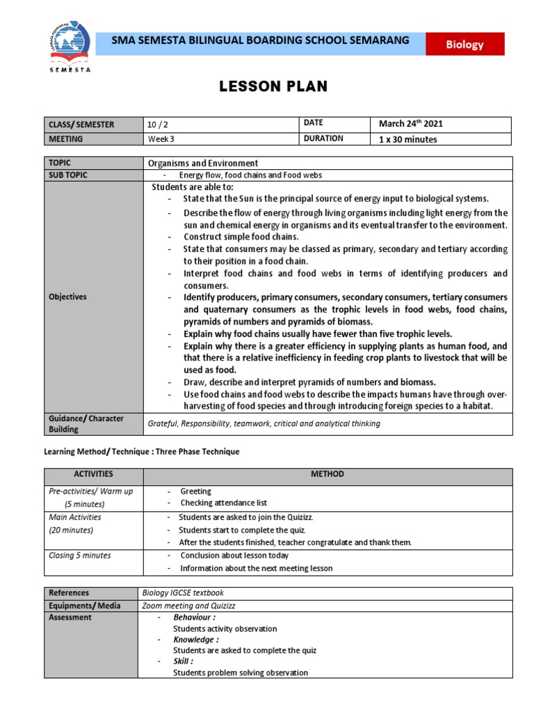LESSON PLAN Food Chains and Food Webs - AFT - Putri Dyah Astari (Quiz ...