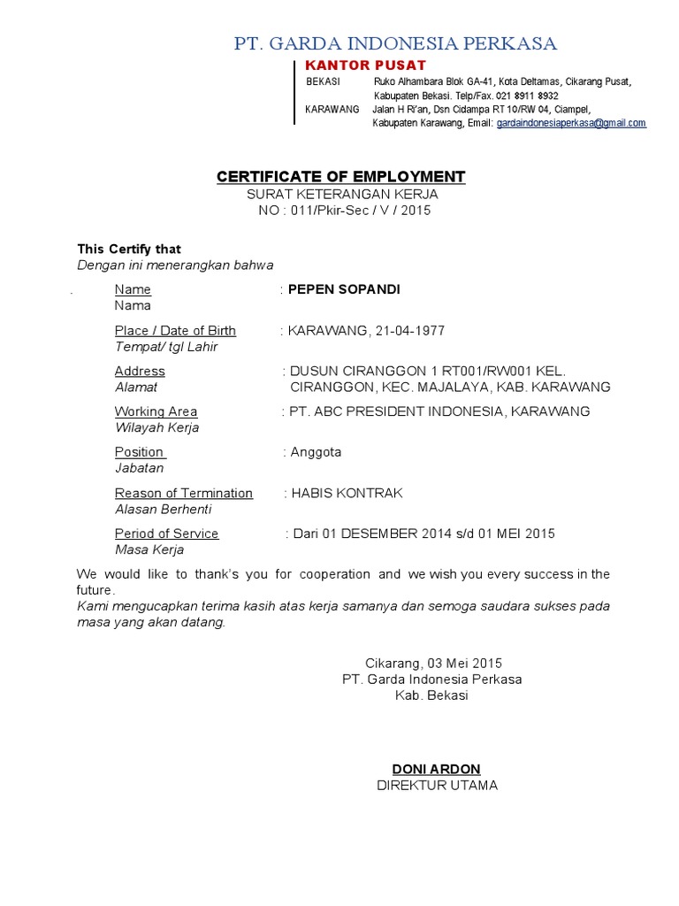 Pt. Garda Indonesia Perkasa: Certificate of Employment | PDF