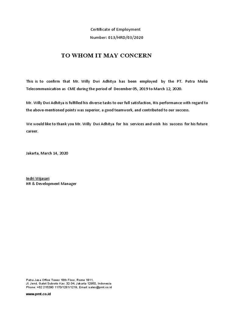 To Whom It May Concern: Certificate of Employment Number: 013/HRD/03/ ...