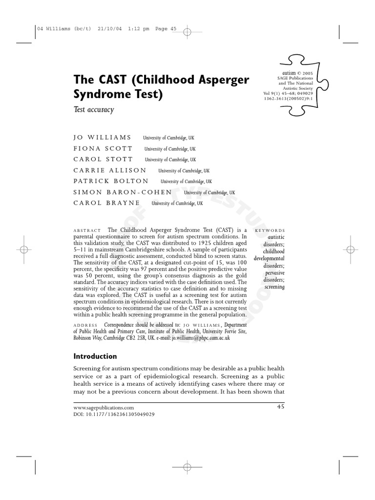 The CAST (Childhood Asperger Syndrome Test) | PDF | Autism Spectrum ...